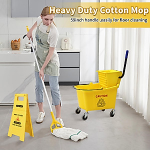 Midoneat Side Press Wringer Combo Commercial Mop Bucket on Wheels, 35 Quart,Yellow, Including Wet Floor Caution Sign（24Inch） and One Industrail Mop