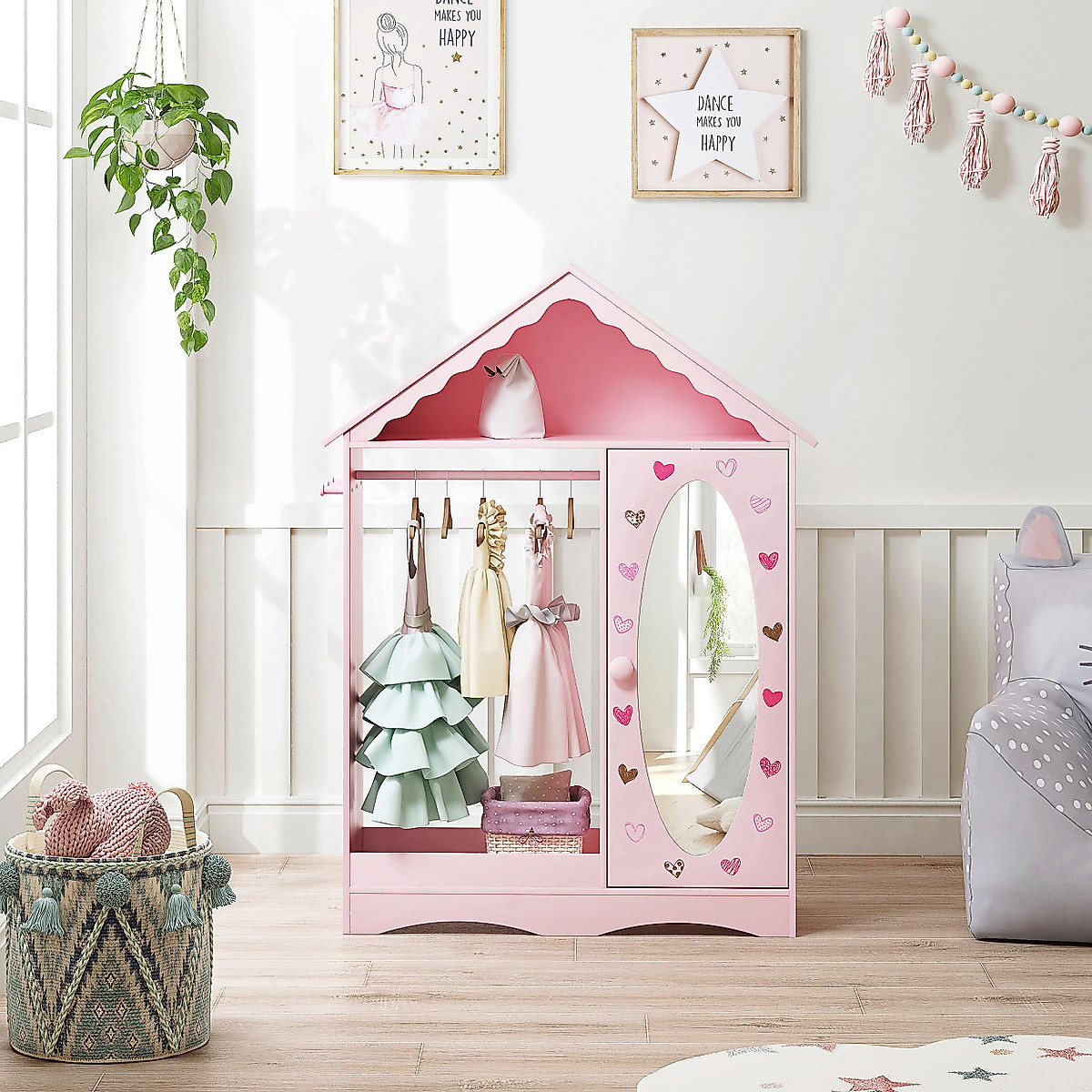 UTEX Kids Dress Up Storage with Mirror, Kids Wardrobe Closet, Dress Up Armoire for Little Girls, Open Hanging Kids Costume Organizer with Storage Cabinet for Kids Room, Playroom