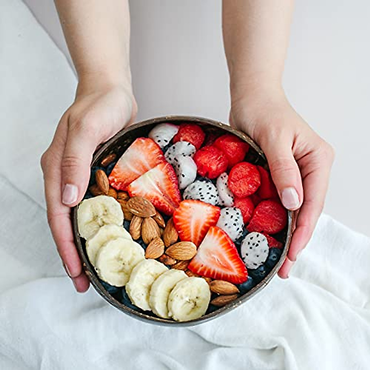 Patterned Jumbo Organic Coconut Bowls with Spoons (coconut bowl), Bamboo Straws, Straw brush and Bamboo Toothbrush (4Pack), Vegan buddha bowl Gifts set. Smoothie bowls, coconut bowls for smoothies.