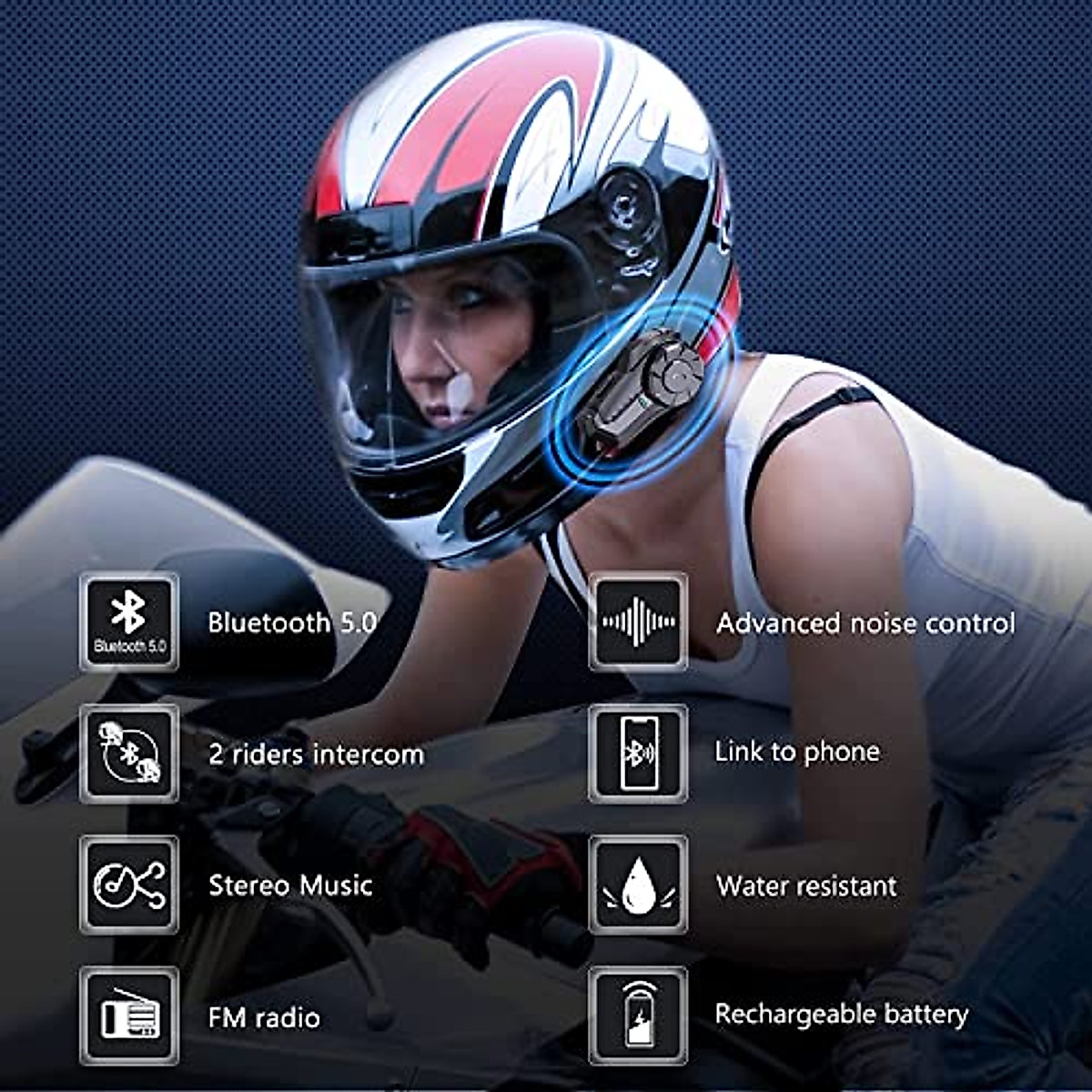 G G-WEI Motorcycle Bluetooth Headset Intercom 800M 2 Riders Motorbike Headphone IP65 Waterproof Interphone Communication System for Full Face Helmet, Flip-up Helmets (2 Pack)