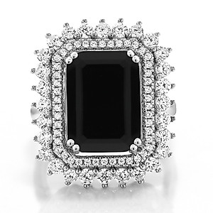 Gem Stone King 925 Sterling Silver Black Onyx Ring For Women (5.60 Cttw, Emerald Cut 14X10MM, Gemstone Birthstone, Available In Size 5, 6, 7, 8, 9)