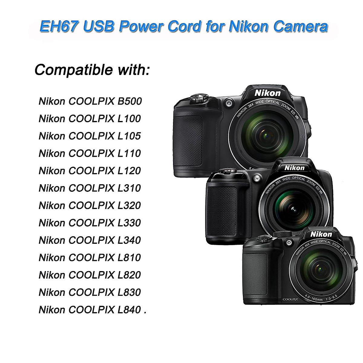 TKDY EH-67 USB Cable Charging Cord, EH67 AC Power Adapter, for Nikon Coolpix L100 L105 L110 L120 L310 L320 L330 L340 L810 L820 L830 L840 B500 Cameras.