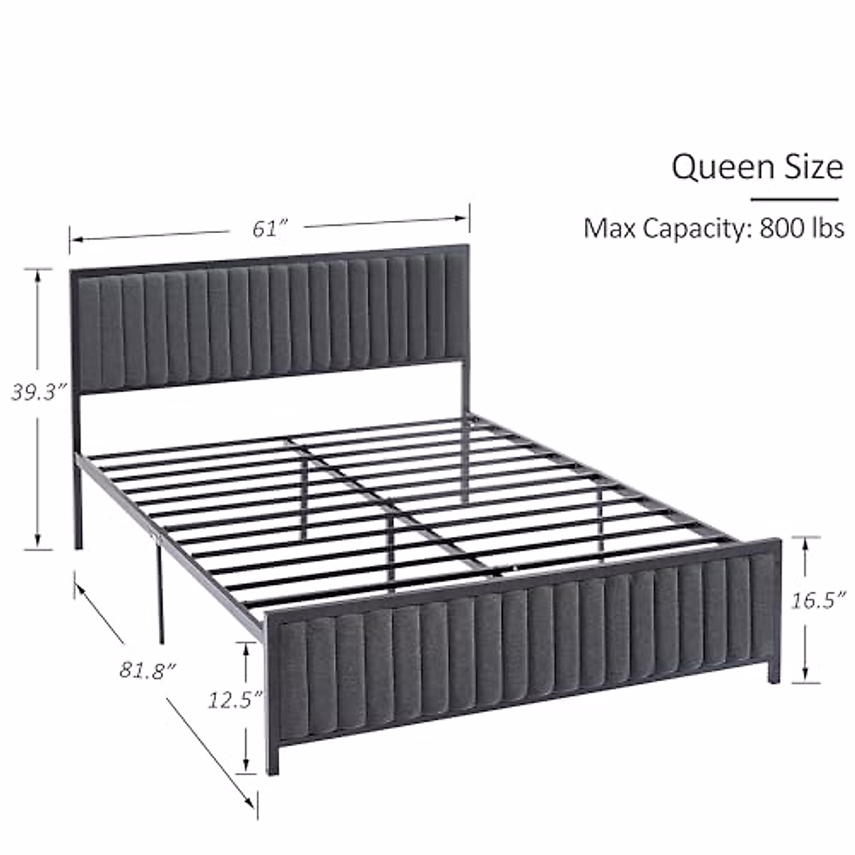 VECELO Queen Bed Frame with Upholstered Tufted Headboard & Footboard, Heavy Duty Steel Slats Platform, No Box Spring Needed, Grey