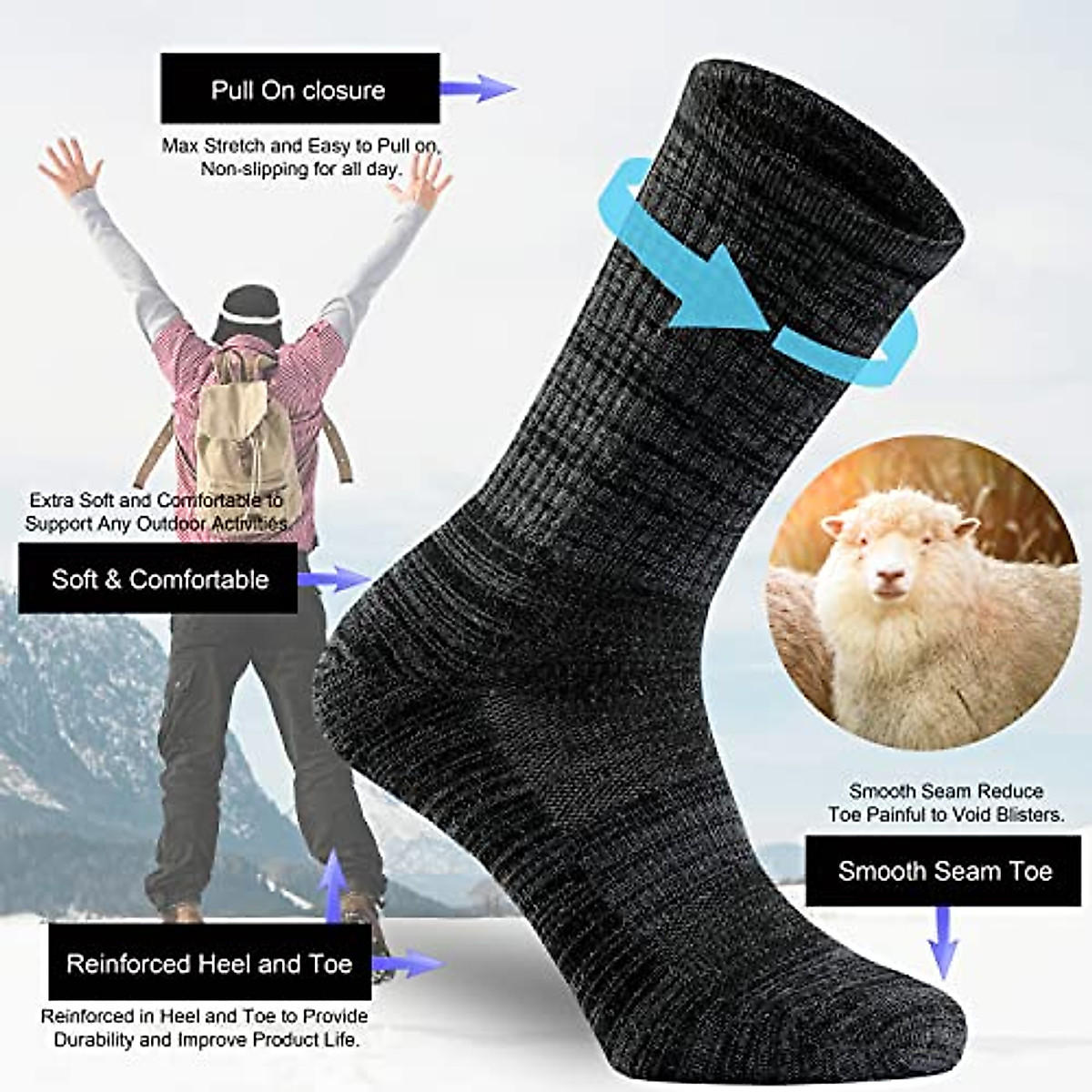 Ortis Men's Merino Wool Cushion Crew Socks with Moisture Wicking Control Light Weight Breathable for Outdoor Hiking Cycling(Black L)