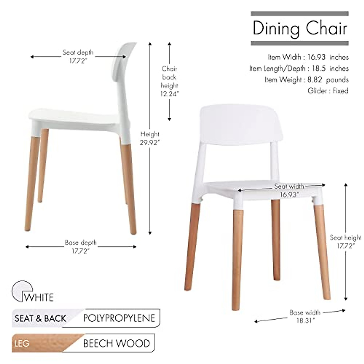 Porthos Home Clyde Dining Chairs Set of 4 with Waterproof and Stain-Resistant PP Plastic Back, Seat and Legs with Woody Accents (Space-Saving Stackable Design for Dining Rooms