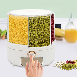 BANLICALI 6 Grid Rice Dispenser, 360° Rotating Dry Rice Dispenser PET PP Kitchen Grain Storage Container with Anti-slip Pads for Store Rice and Beans White+Clear (medium)