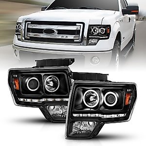 AmeriLite for 2009-2014 Ford F150 Pickup Xtreme LED Halos Black Projector Replacement Headlights Set - Passenger and Driver Side