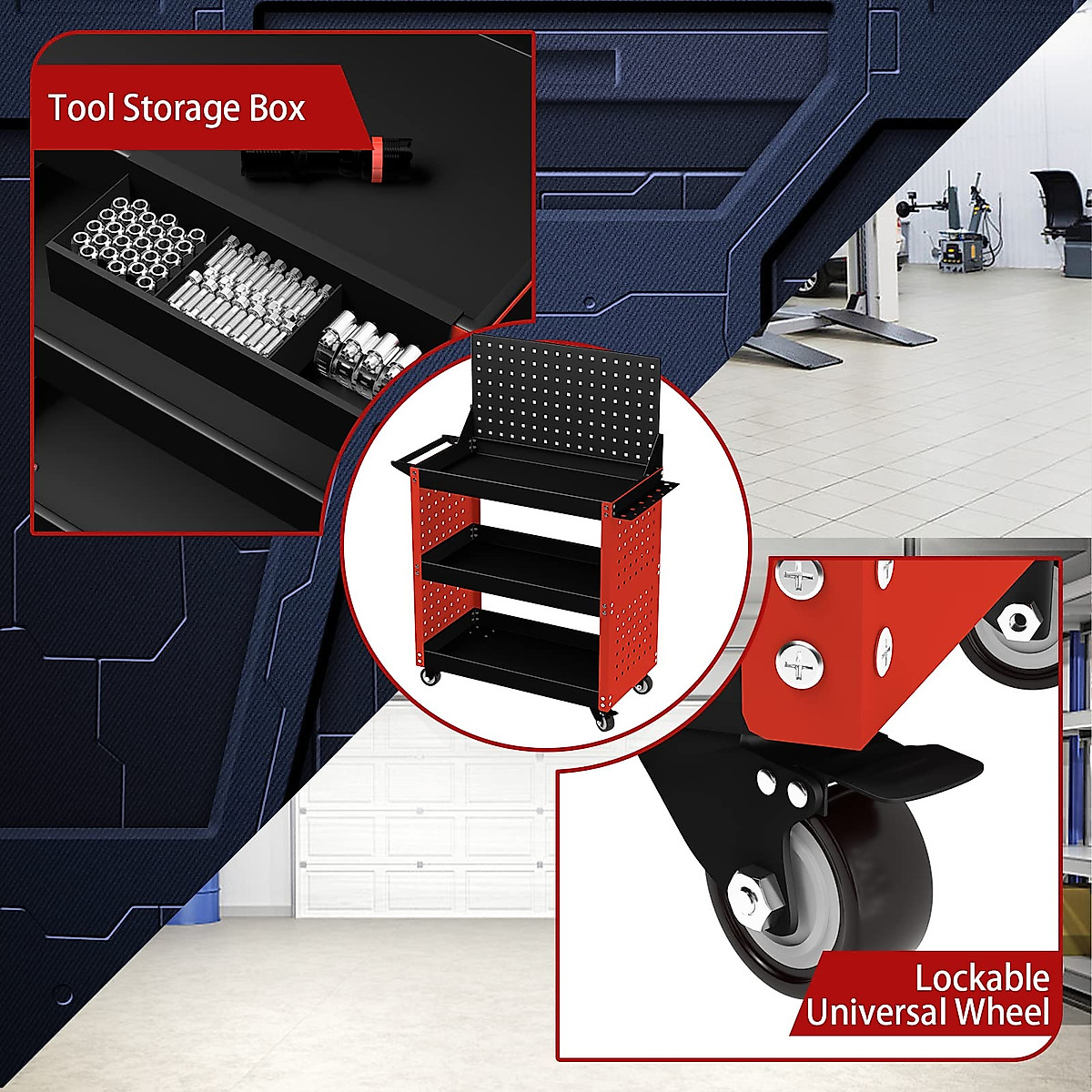 ZFULVO 3-Tier Rolling Tool Cart with Lockable Swivel Wheels, Tool Board, and Multi-Purpose Hooks - Supports up to 600 lbs - Ideal for Mechanics, Garages, Warehouses and Repair Shops.