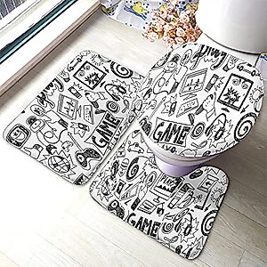 WONDERTIFY Kids Video Game Bathroom Antiskid Pad Computer Device Controller Button Handheld 3 Pieces Bathroom Rugs Set, Bath Mat+Contour+Toilet Lid Cover Black White