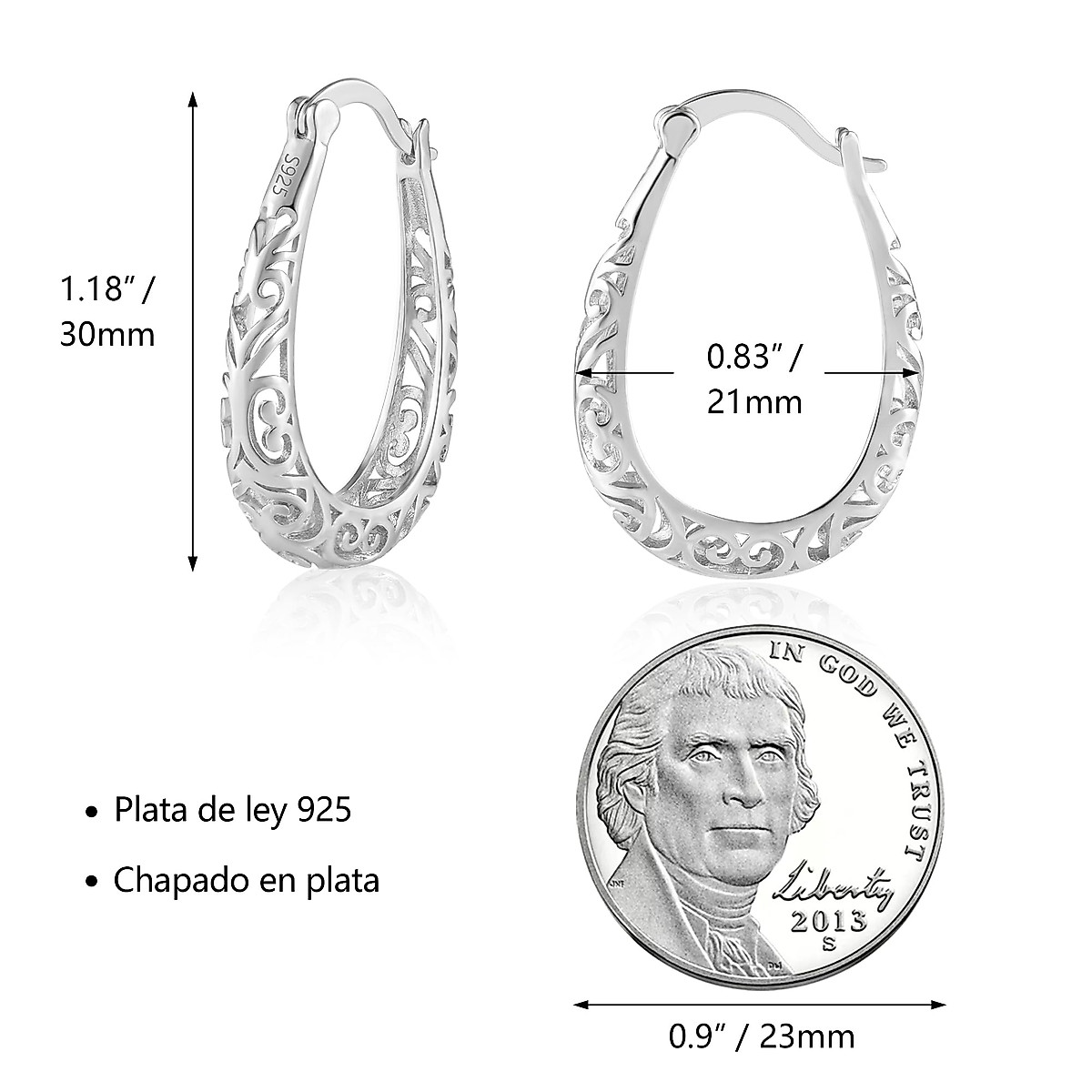 Silver Filigree Hoop Earrings for Women Hollow Oval Hoop Earrings Hypoallergenic Filigree Earrings