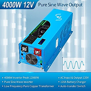 SUNGOLDPOWER 4000W 12V Pure Sine Wave Power Inverter DC 12V Input to AC 120V Output Converter, Low Frequency Inverter Charger for Home, RV, Truck, Off-Grid Solar Wind Power Inverters, Blue