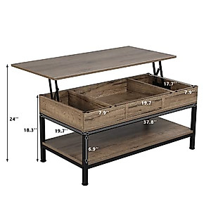 EROMMY Lift Top Coffee Table, 38'' Coffee Table with Open Shelf and Hidden Compartment, Rustic Wood Rising Tabletop Dining Table for Living Room, Pop-Up Center Table with Adjustable Feet, Rustic Gray