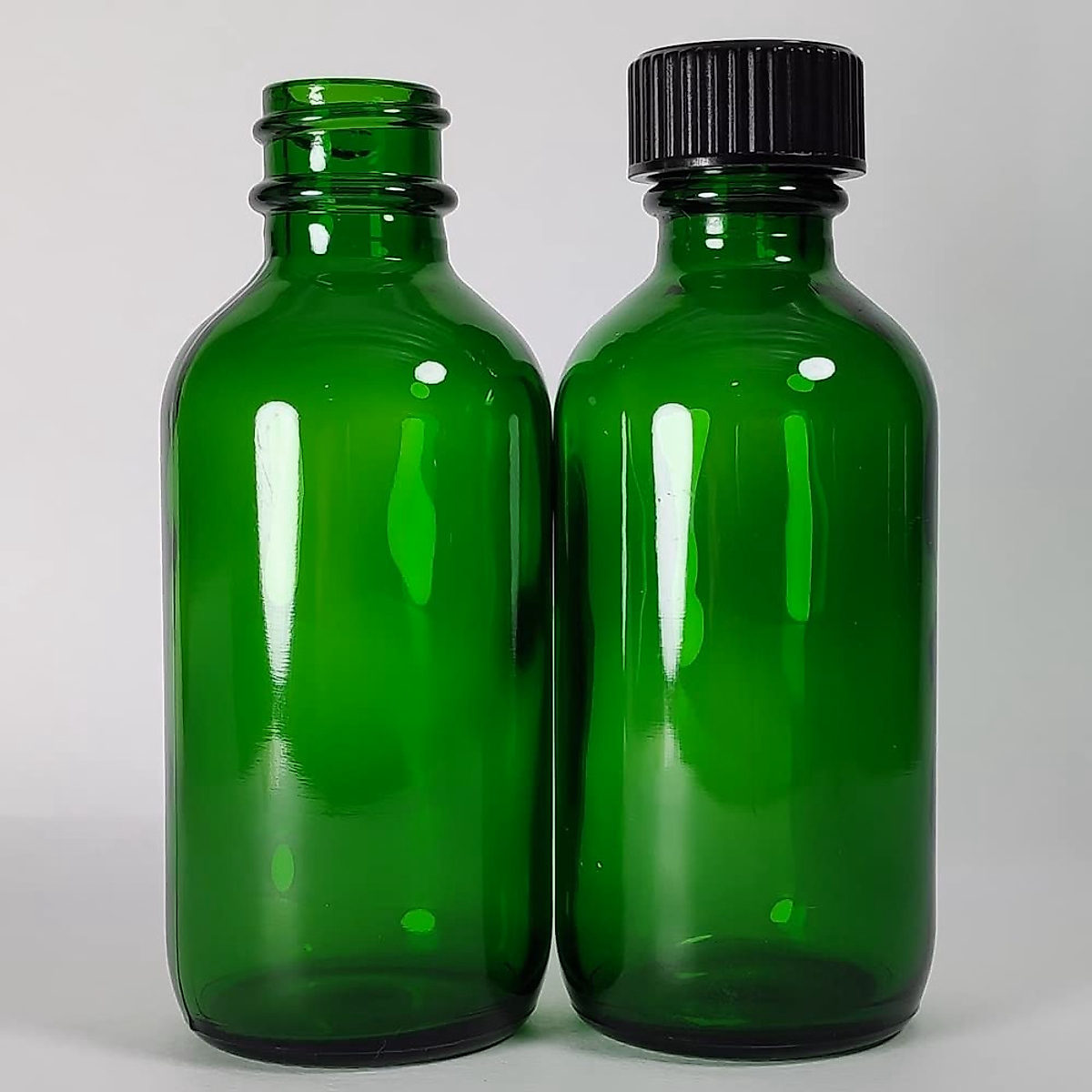Bioll 60ml (2 oz) Boston Glass Bottles. Essential Oil Bottle With Black Poly Cone Lids. For Potion,Juice,Ginger Shots,Oils, Whiskey,Perfume,Aromatherapy,Lab Refillable Sample Vials -12 pack (Green)