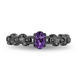 Jewelili Enchanted Disney Fine Jewelry Sterling Silver with Black Rhodium 1/10 Cttw Diamond and Amethyst Ursula Ring Size 8