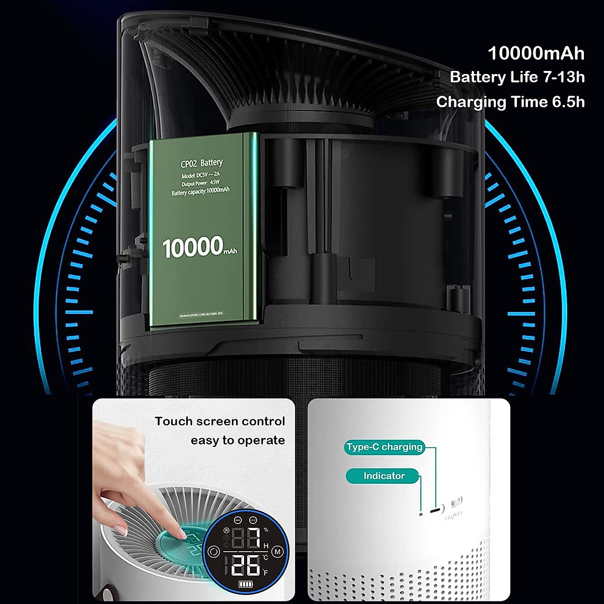 Air Purifiers for Home Large Room Dust Smart Hepa Air Purifier with 10000mAh Battery