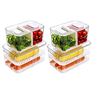 SANNO Fridge Produce Saver Storage Vegetable Fruit Containers Food Produce Saver Container Stackable Refrigerator Organizer Bins Fresh Keeper Drawers Organizer, Set of 4