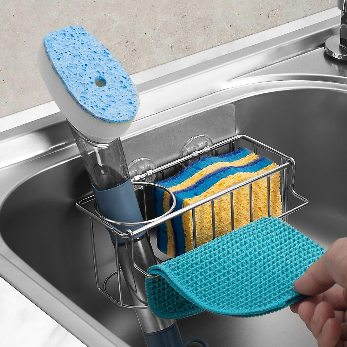 3 In 1 Sponge Holder for Kitchen Sink, Stainless Steel In Kitchen Sink Sponge Caddy/Organizer with Brush Holder + Dish Cloth Hanger + Sponge Rack With 2 Adhesive