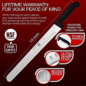 Premium 14-inch Slicing Knife With Granton Edge By Light 'n' Mighty-High Carbon German Stainless Steel Carving Knife For Meat, Whole Turkey, Brisket, Large Roasts-NSF Certified Ergonomic Ham Slicer