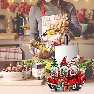 Christmas Paper Towel Holder, Gnome Red Truck Christmas Decorations Indoor Metal Paper Towel Holders for Kitchen Countertop Bathroom Home, Christmas Decor Gnome Gifts for Women Men 6.7x6.7x13.4 inch