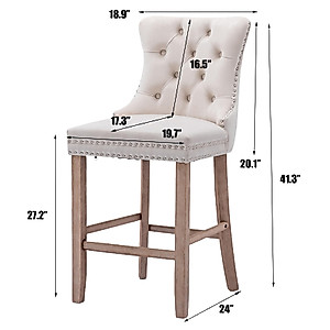 SoarFlash Modern Velvet Upholstered Bar Stools Set of 6 with Wood Legs, Button Tufted,Chrome Nailhead, Counterstool Seat, Armless Bar Chairs (Beige)