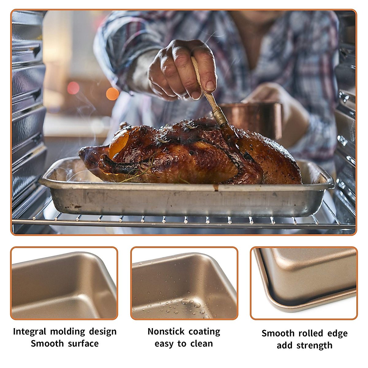 SuperMa 3 Pack Deep Baking Pans Set Nonstick Rectangular Cookie Sheets 9 11 13 Inch Baking Sheets for Baking Bread, Toaster Bakeware Gold
