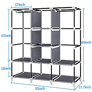 ZVZHM Portable Closet, 53 Inch Wardrobe Closet for Hanging Clothes with 2 Hanging Rods, 8 Storage Organizer Shelves, Non-Woven Fabric, Quick and Easy to Assembly, Grey
