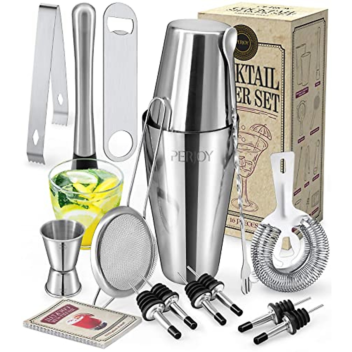 Perjoy Cocktail Shaker Set, 16 Piece Bartender Kit, Cocktail Shaker, Stainless Steel Bar Set Accessories, Coktail Set, Boston Shaker, Drink Mixer Shaker, Bartending Bar Tools with Muddler Spoon Jigger
