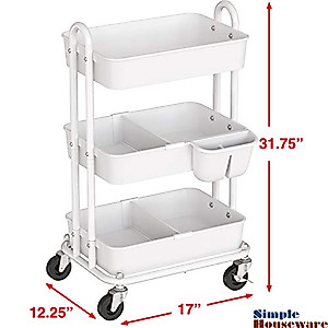 Simple Houseware 3-Tier Kitchen Cart Multifunctional Rolling Utility Cart with 2 dividers and Hanging Bucket, White