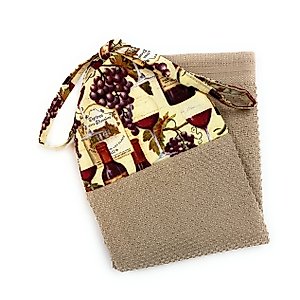 Wine Bottles Glasses and Grapes Ties On Stays Put Tan Kitchen Bathroom Hanging Loop Hand Dish Towel She Who Sews