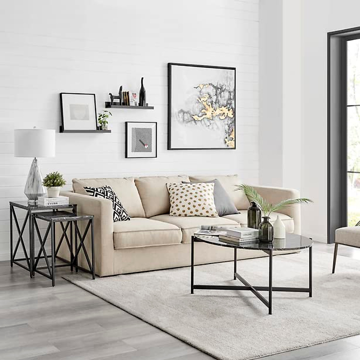 Danya B. Round Contemporary Marble Finish Veneer Top Black Metal Large Coffee Table - White or Black Marble (Black Marble)