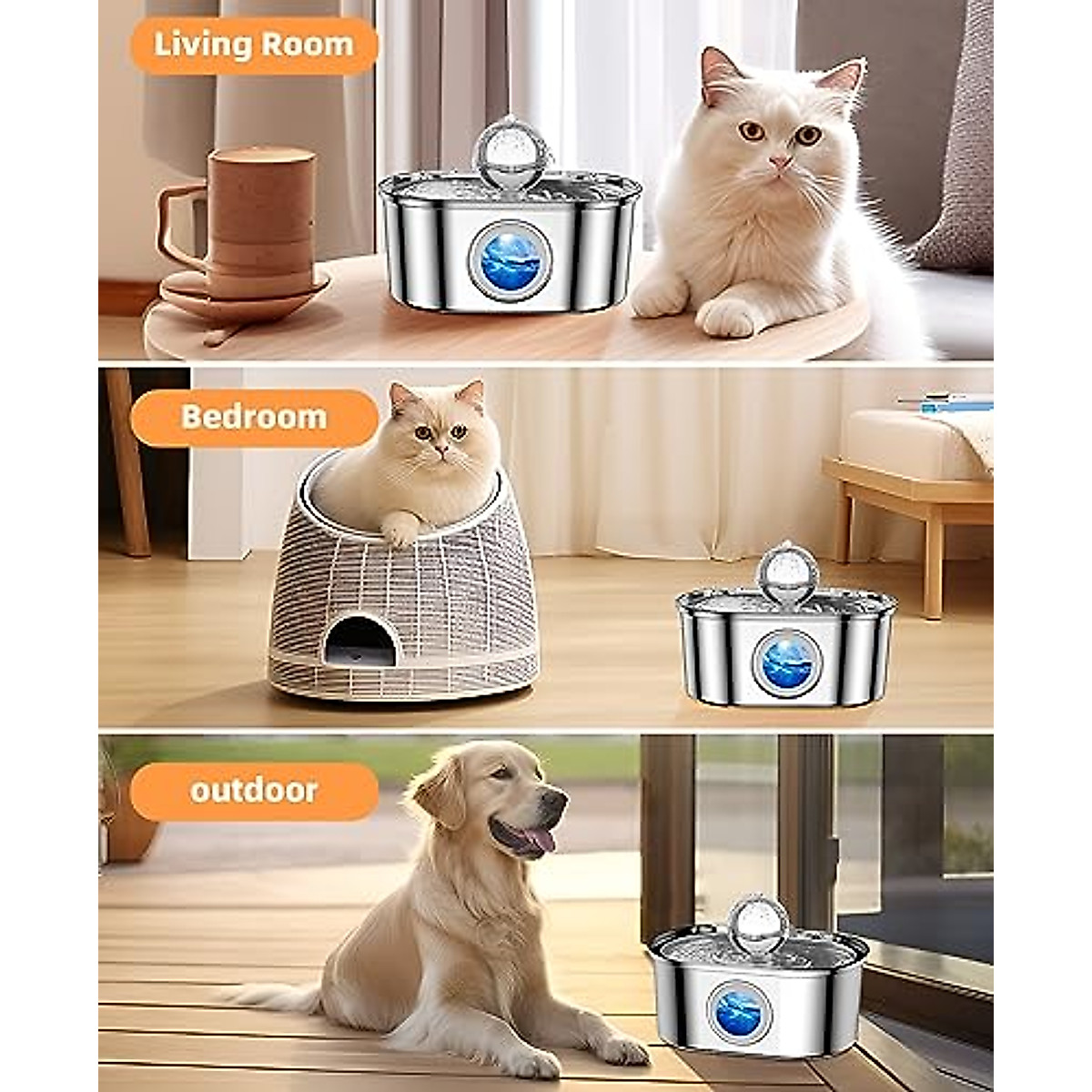 Cat Water Fountain Stainless Steel, 3.2L/108oz Super Quiet Cat Fountains for Drinking Cat Fountain Water Bowl with Water Level Window and LED Light Automatic Pet Water Fountain for Cats Dogs