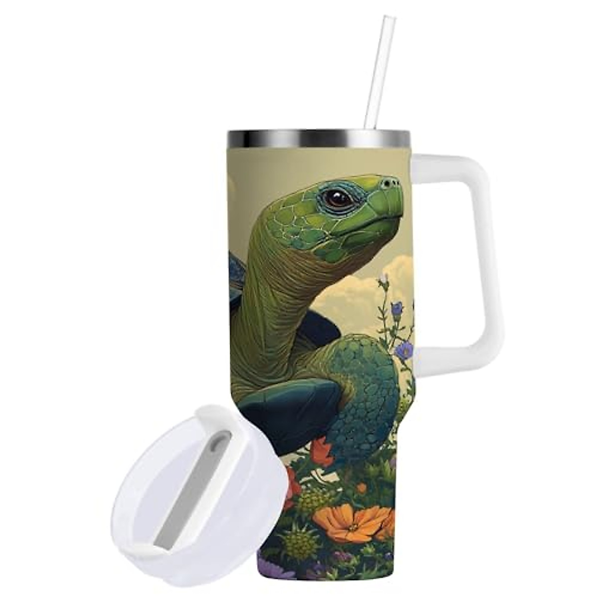 Slewiaeky Tumbler with Handle 40 oz Retro Tortoise Turtle Travel Mug with Lid and Straw Ocean Stainless Steel Vacuum Insulated Water Bottle Cup for Iced Tea Coffee Cold Beverages Cup Holder Friendly