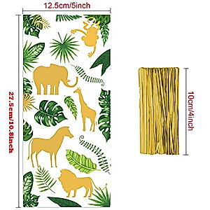 UEMIS 60Pack Jungle Animal Cellophane Treat Bags, Green Gold Safari Animal Palm Leaves Plastic Candy Goodie Bags with Gold Twist Ties for Wedding Wild One Safari Baby Shower Birthday Party Favors (Jungle Animals)