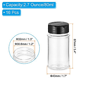 PATIKIL 2.7oz Plastic Spice Jars with Shaker Lids, 16 Pcs Refillable Empty Seasoning Containers Bottle with Black Cap for Storing Spice Salt Herbs Seasoning Powders Condiment, Clear