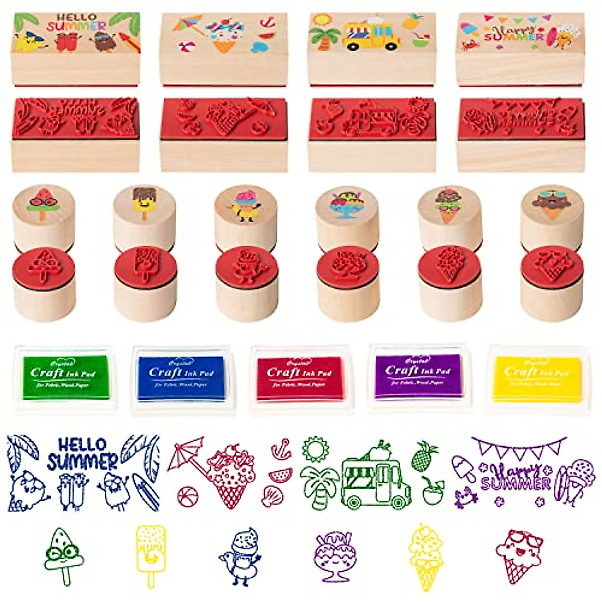 15Pcs Summer Ice-Cream Wooden Rubber Stamps for Crafting, Wood Rubber Stamp for Scrapbooking DIY Craft Card Stamps Pads Decorative Rubber Stamps Ink Pads for Kids Stamps Birthday Gift Card Making Kit