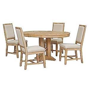 Dinehome 5-Piece Round Extendable Table Set for 4 with Four Upholstered Chairs, for Dining Room, Natural Wood Wash