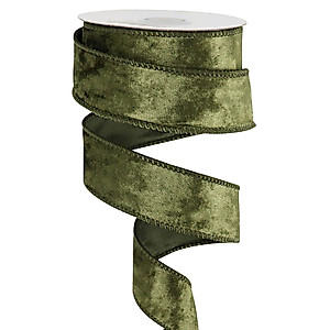 HUIHUANG Velvet Wired Ribbon 1-1/2 inch, Olive Green Velvet Ribbon for Gift Wrapping, Christmas Tree, Bows, Wreaths, Garland, Wedding Decor, Home Decor, Crafts-Continuous 10 Yards/Roll