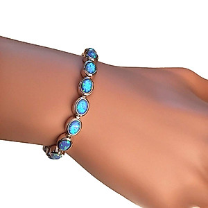 Paul Wright Created Blue Opal Bracelet in 925 Sterling Silver, 17 Oval Opal Links, with Vibrant Blue Color, 7" plus 1" extender