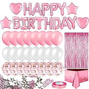 MOVINPE Pink Birthday Party Decoration, Happy Birthday Banner, Rose Gold Fringe Curtain, Foil Tablecloth, Heart Star Foil Confetti Balloons, 10g Table Confetti for Women Girl Birthday Party