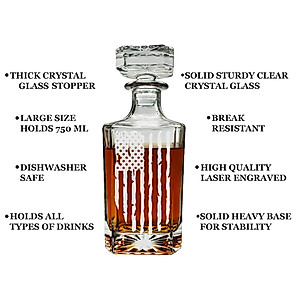 Rogue River Tactical Tattered Worn American US Flag USA Patriotic Whiskey Decanter With Airtight Glass Stopper Custom Gift For Men Dad Veteran Father's Day