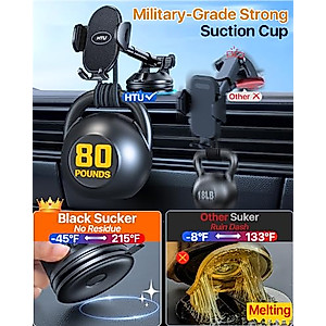 【Military-Grade Stable Suction】 Cell Phone Holder for Car,【Flexible Telescopic Arm】 360° Rotatable Stand Dashboard Windshield Cellphone Mount for iPhone 15 14 13 12 Samsung Smartphone Truck, Black