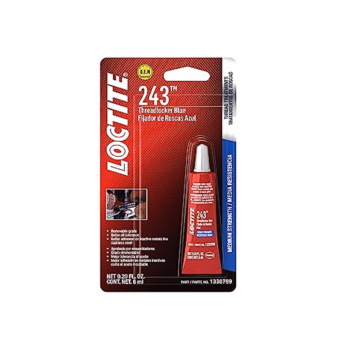 LOCTITE 243 Threadlocker for Automotive: Medium-Strength, Oil Tolerant, High-Temperature, Anaerobic, General Purpose | Blue, 6 ml Red Tube (PN: 1330799)
