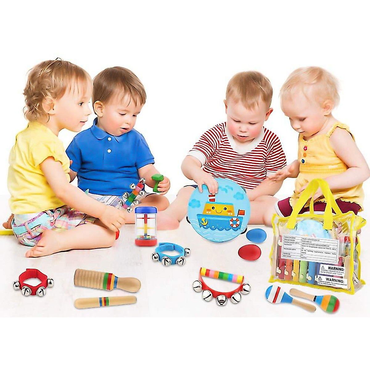 Toys for Toddlers, 25 Pcs Wooden Musical Percussion Instruments, Preschool Educational Learning Tambourine Xylophone Toys for Toddlers Kids Children with Storage