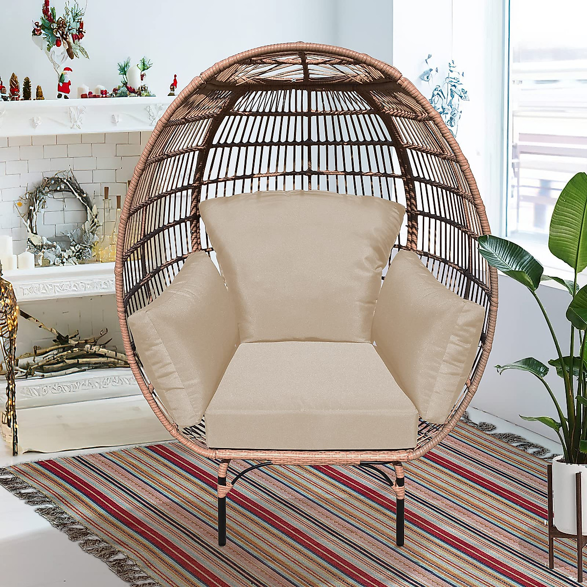 OTSUN Wicker Egg Chair, Oversized Indoor Outdoor Lounger for Patio, Backyard, Living Room with 4 Cushions, Steel Frame, Apricot