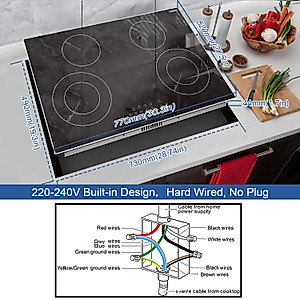 Karinear 30 Inch Electric Cooktop, 4 Burners Built-in Radiant Electric Stove Top, Ceramic Cooktop with Glass Protection Metal Frame, Kid Safety Lock, Timer, Pause, 7100W,240V Hardwire