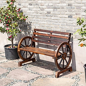 Mavalous Wagon Wheel Bench Outdoor, 2 Person Seat Rustic Wood Patio Benches with Backrest for Outdoor Brown