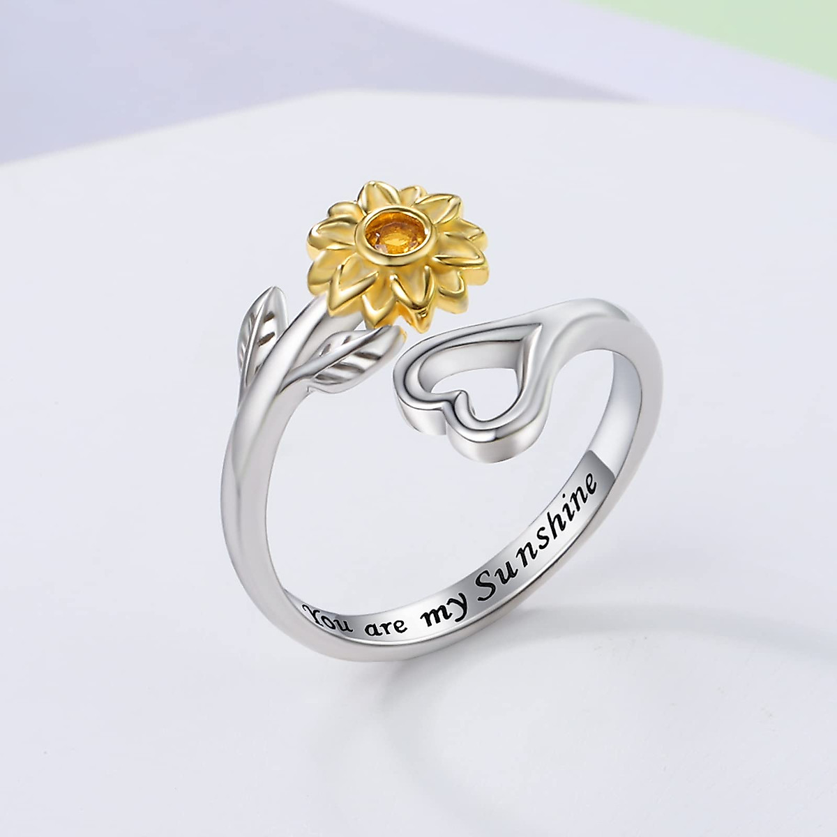 925-Sterling-Silver Honeycomb Bumble Bee Ring - I Love You Adjustable Gold Bee Rings with Enamel CZ Cute Animal Nature Beehive Queen Bee Jewelry Gifts for Women Girl (Sunflower Heart Ring)