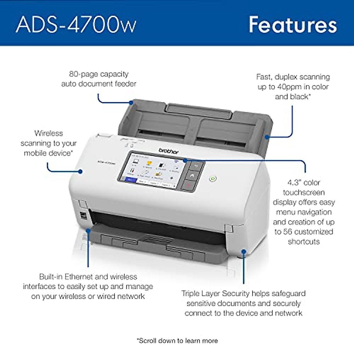 Brother ADS-4700W Professional Desktop Scanner with Fast Scan Speeds, Duplex, Wireless, and Large Touchscreen