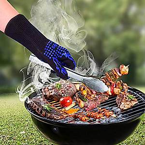 Piduules BBQ Grill Gloves, 1472°F Heat Resistant Non-Slip Grill Mitt with Elastic Cuff for Frying, Barbeque, Cooking, Baking, Oven, Cutting,14 Inch (Blue)