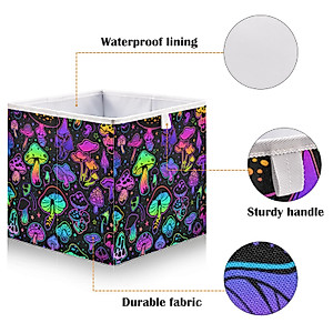 Vnurnrn Bright Psychedelic Mushrooms Foldable Cube Storage Bins, 11 x 11 x 11 inches, Fabric Storage Baskets Bins for Nursery,Closet Shelf,Home Organization